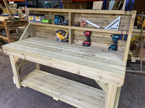 Indoor / Outdoor Wooden Workbench. Heavy duty Work Table With Backboard ...