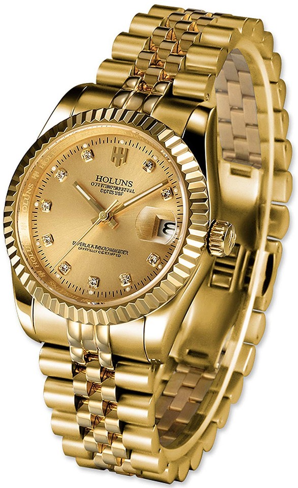 Mens Full Gold Watch Automatic Mechanical Gilded Steel Self-Wind ...