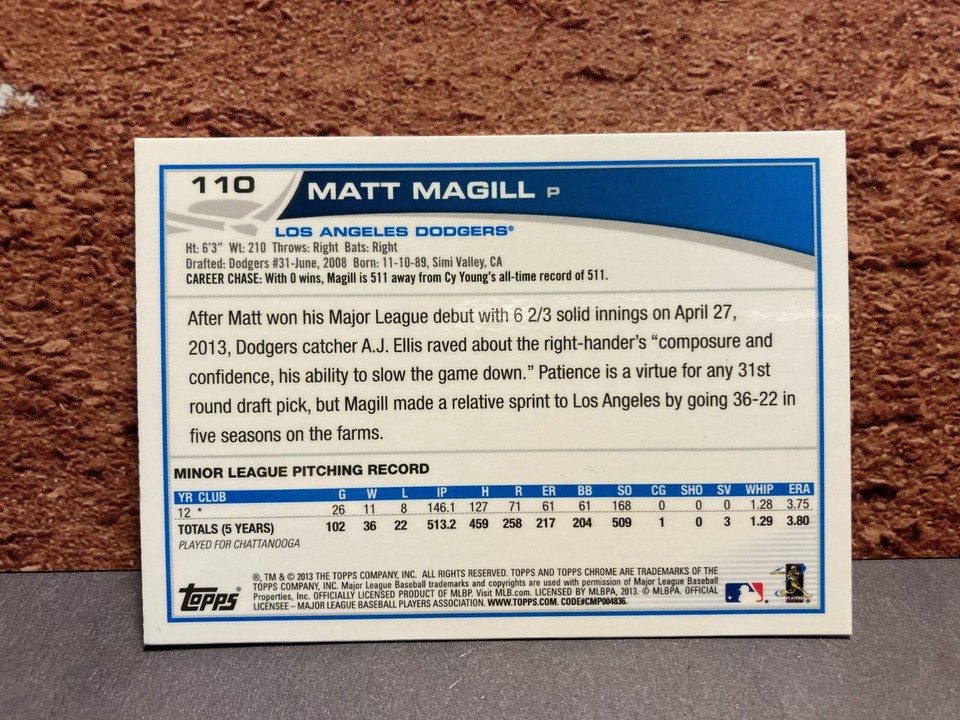 2013 Topps Chrome #110 Matt Magill Baseball Card Los Angeles Dodgers ...