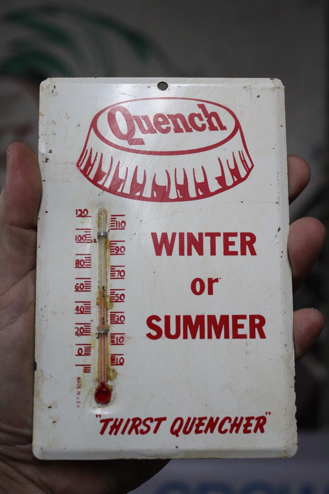 1960s QUENCH SODA POP DEALER PAINTED METAL THERMOMETER SIGN SUMMER OR ...