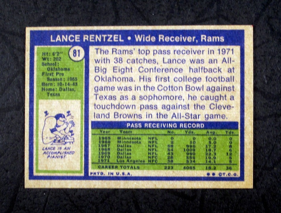 1972 TOPPS SET BREAK Lance Rentzel #81 Los Angeles Rams EX print defect ...
