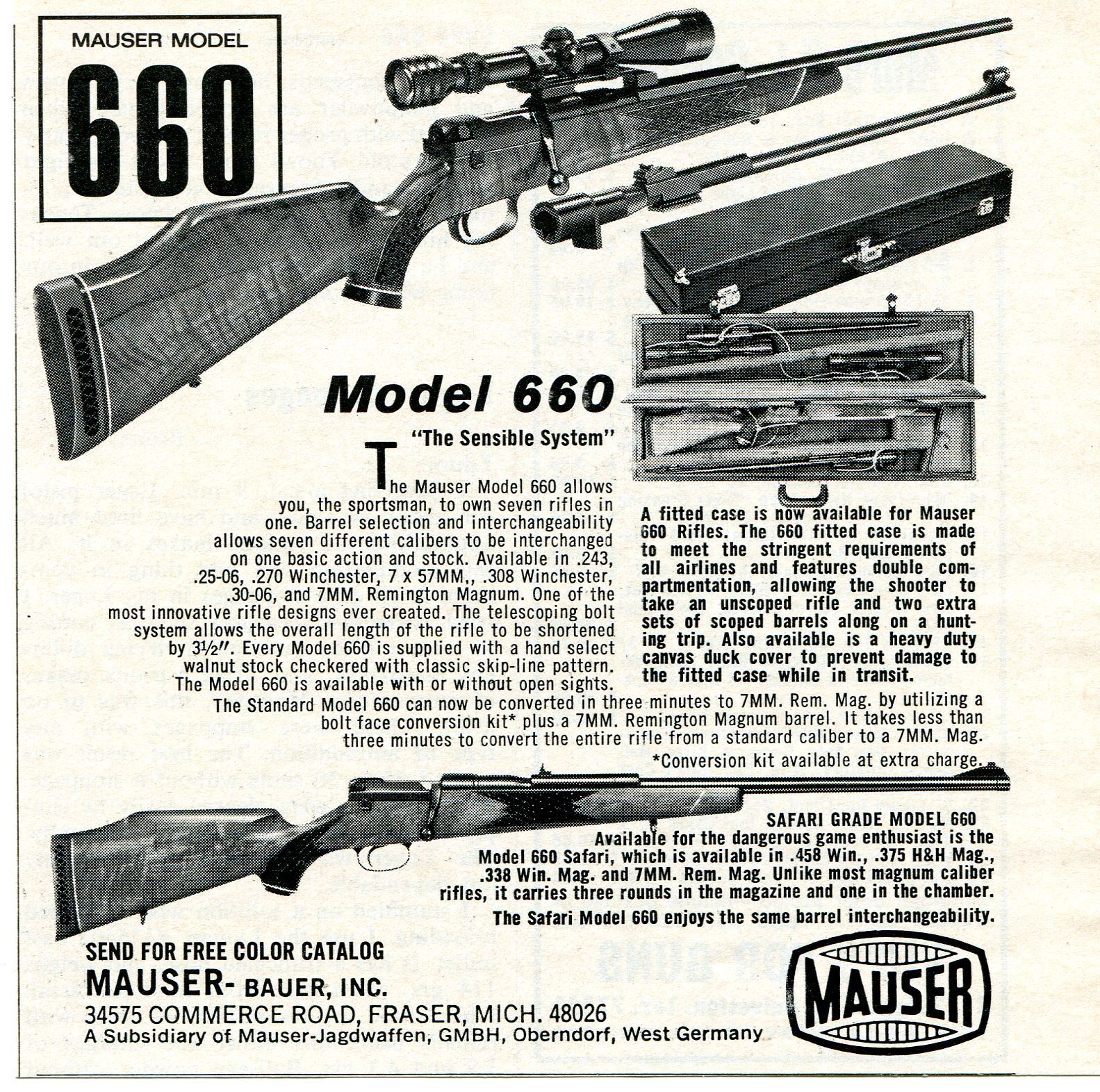 1973 small Print Ad of Mauser Bauer Model 660 Rifle the sensible system ...