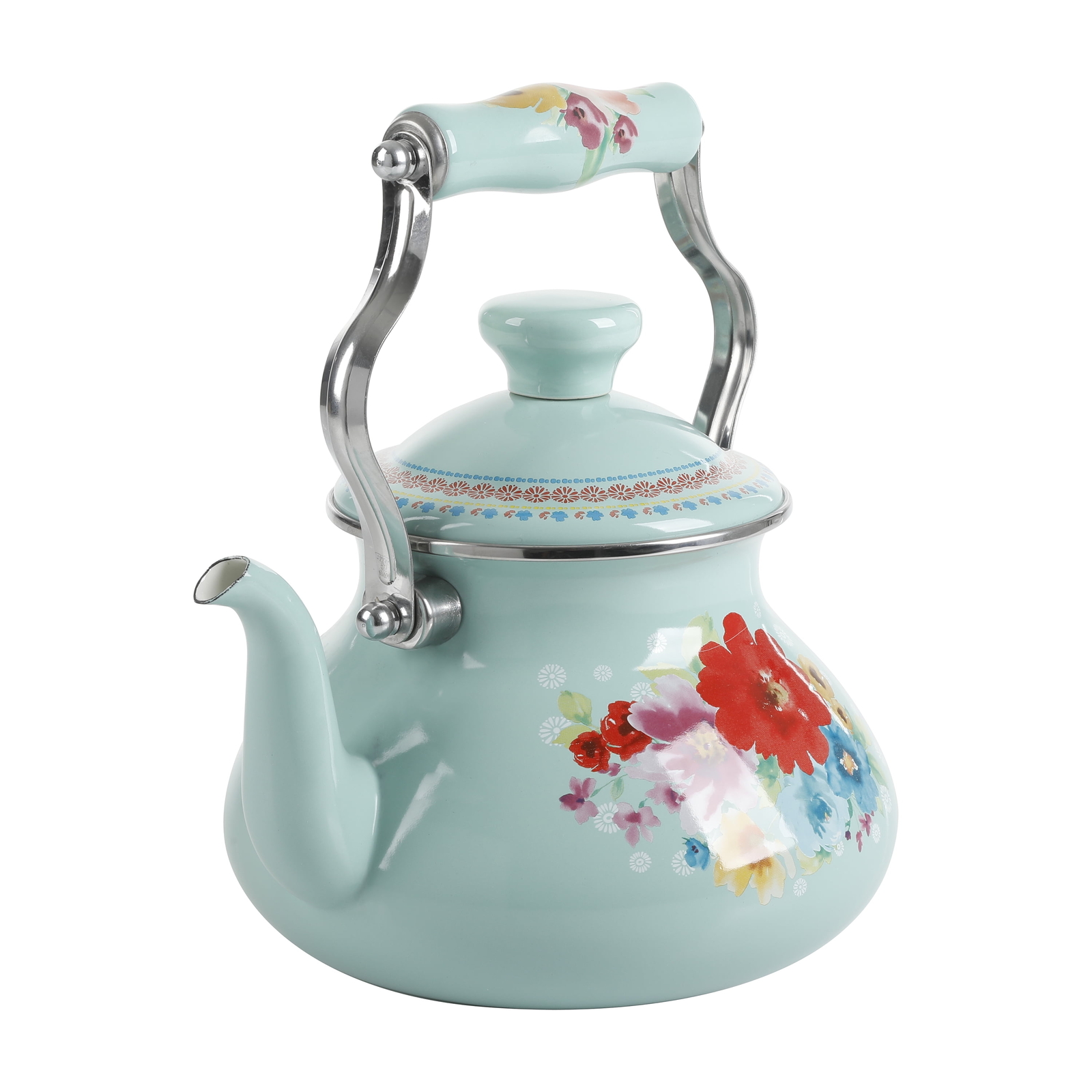 Breezy Blossom Enamel on Steel 1.9-Quart Tea Kettle Folding Handle Home ...