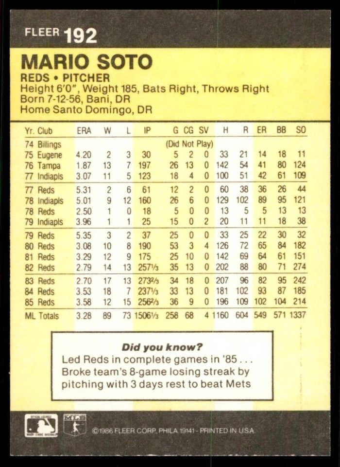 1986 Fleer Mario Soto . Cincinnati Reds #192 | eBay