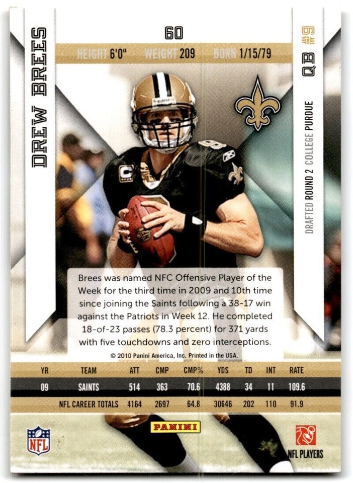 2010 Panini Epix Drew Brees New Orleans Saints #60 | eBay