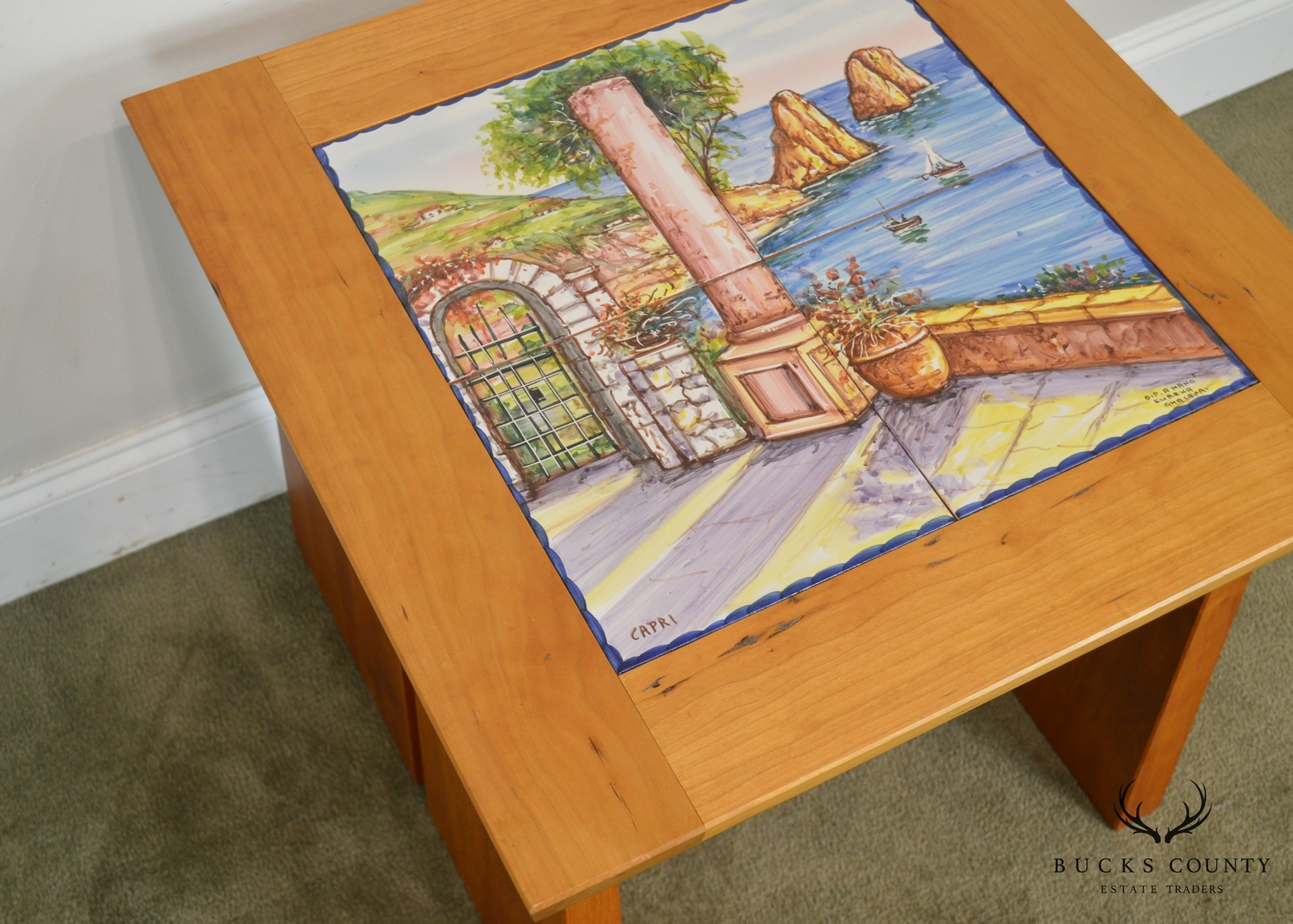 Studio Crafted Cherry Square Side Tables W/ Hand Painted Italian Capri ...