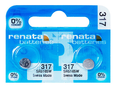 2 x Renata 317 Pile Batterie Blister Mercury Free Silver Oxide SR516W 1 ...