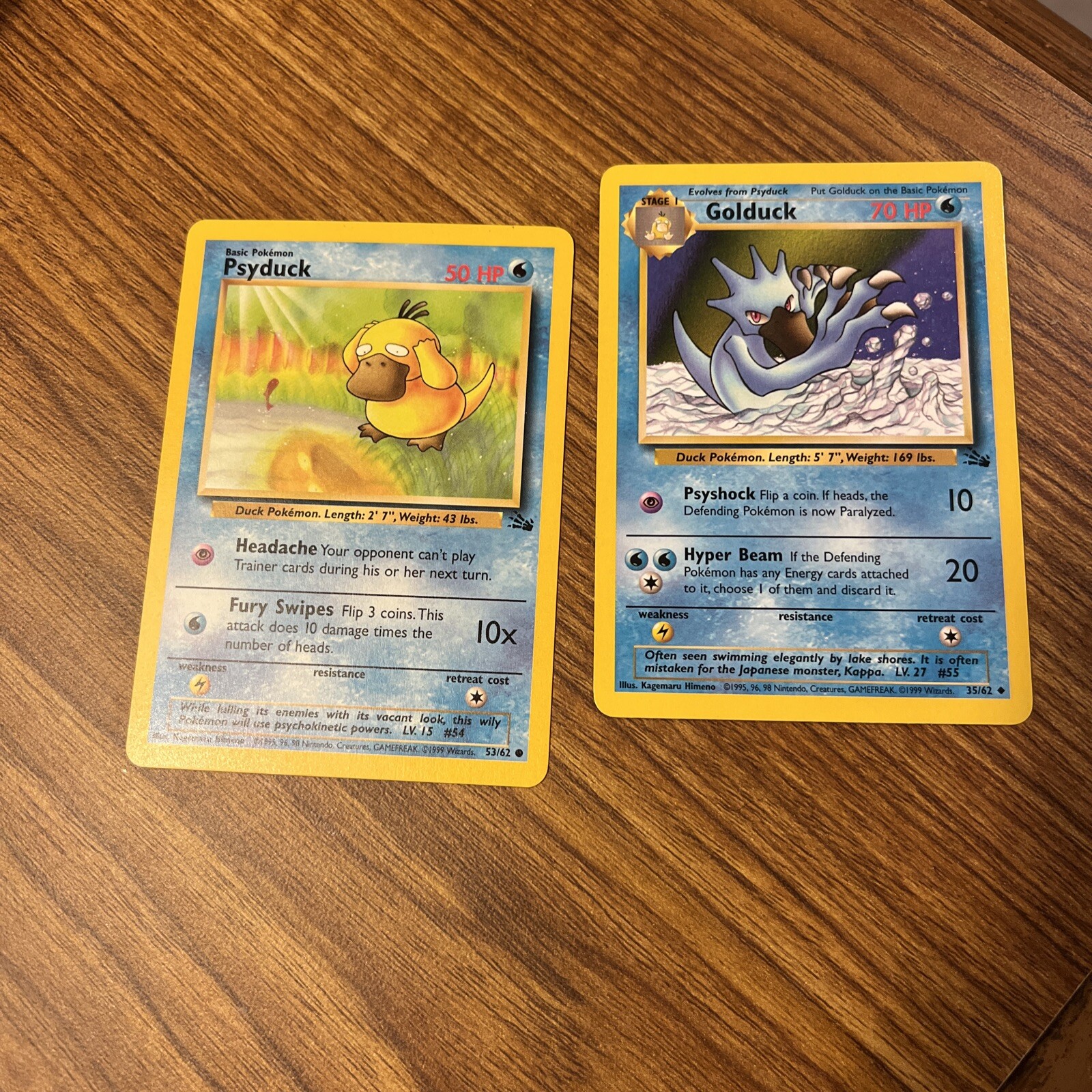 1999 Pokémon TCG Psyduck 53/62 Golduck 35/62 Evolution Fossil Regular ...
