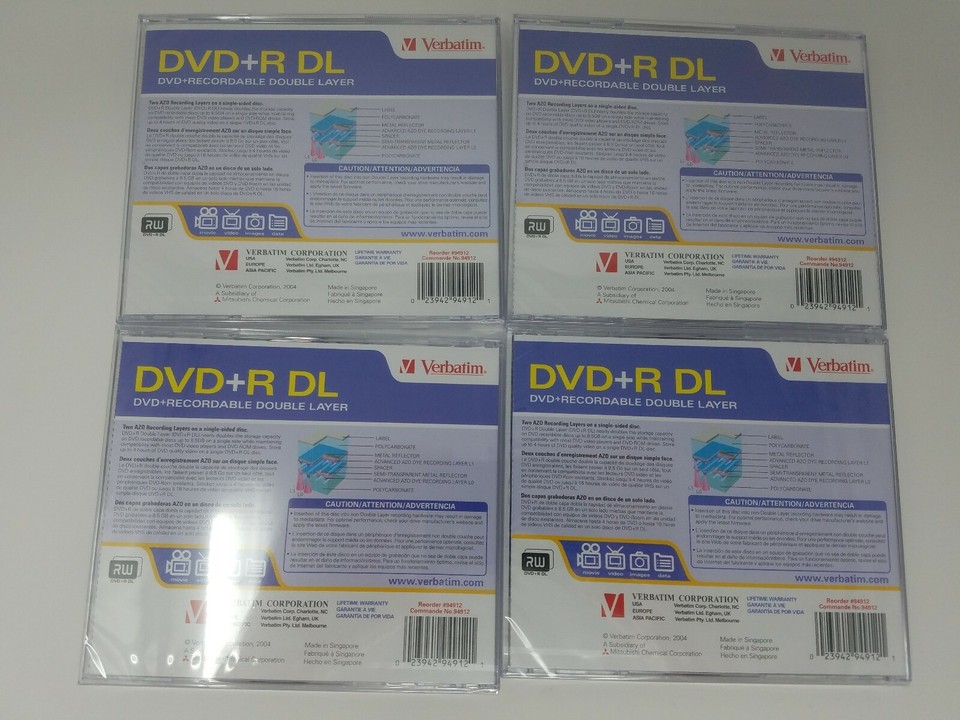 4 Verbatim DVD+R Double Layer Recordable 2.4x, 8.5GB Jewel Case Sealed ...