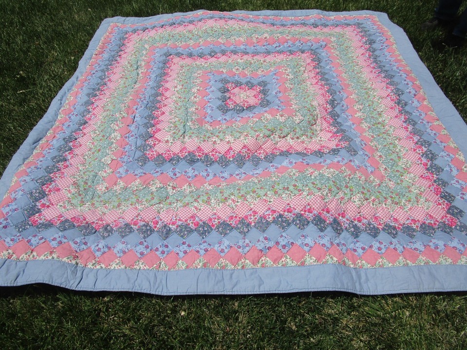 VINTAGE HAND STITCHED QUILT 81" X 81" PINKS & BLUES-SMALL SQUARES | eBay