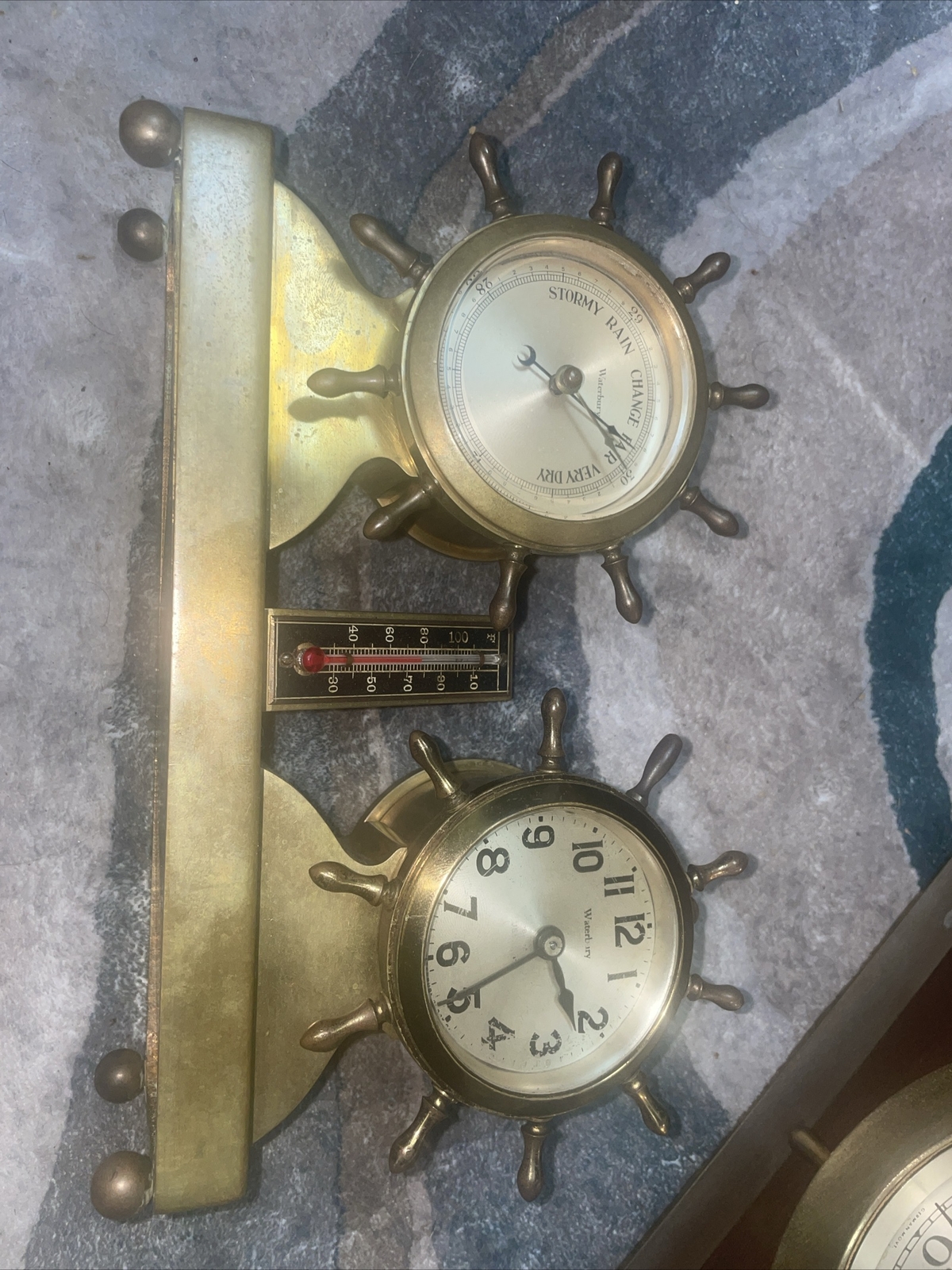 Waterbury “Commodore” 8 Day Jeweled Ship Wheel Desk Clock Barometer ...