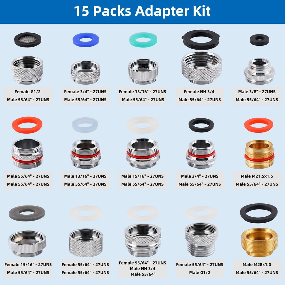 15pcs Faucet Adapter Kit,Male Female Kitchen Faucet Converter to Faucet ...
