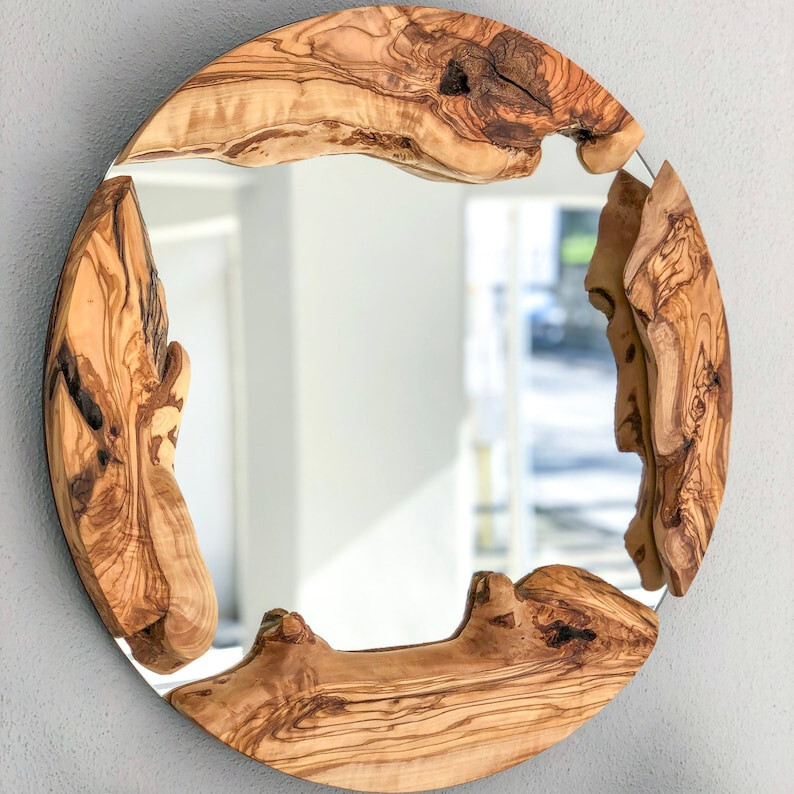 Wood Round Mirror, Live Edge Wood Wall Mirror, Wood Frame Mirror Wall ...