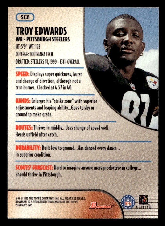 Troy Edwards 1999 Bowman Scouts Choice Rookie Card SC6 Steelers ...
