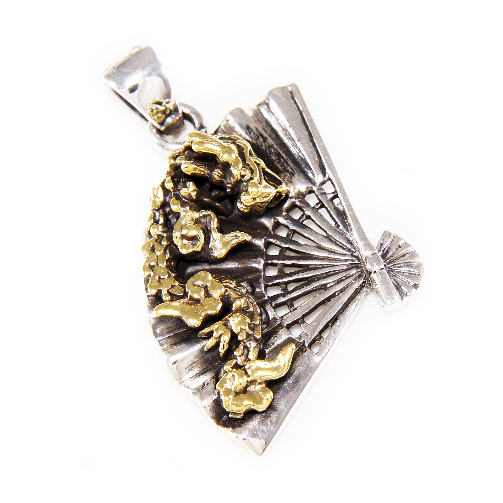 JAPANESE DRAGON FAN 925 STERLING SILVER ROCKABILLY BRASS BIKER PENDANT ...