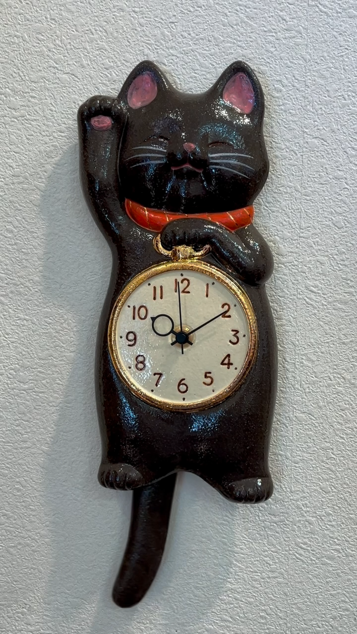 Japanese Black Lucky Cat Manekineko Wall Pendulum Clock Pottery Seto ...