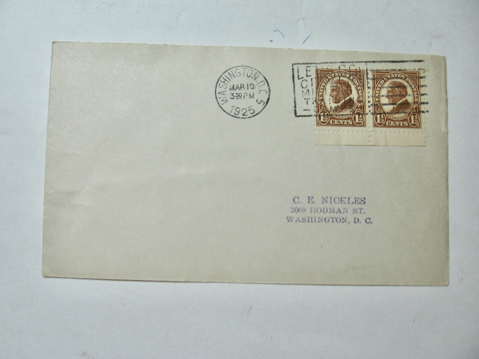 1925 Cover with Two Warren G. Harding 1 1/2 Cent Stamps. Scott's # 553 ...