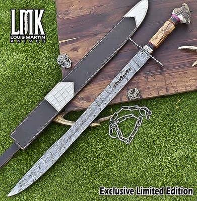LMK Handmade Twist Damascus Sword Crown Antler Bushcraft Damascus Guard ...