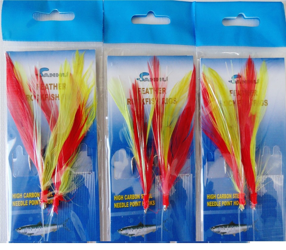 3-100 packs size 3/0 rock cod rigs red/yellow feather rockfish baits-2 ...