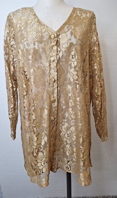 Women's 2X Gold Sheer Lace Overshirt Button Front Long Sleeve Top | eBay
