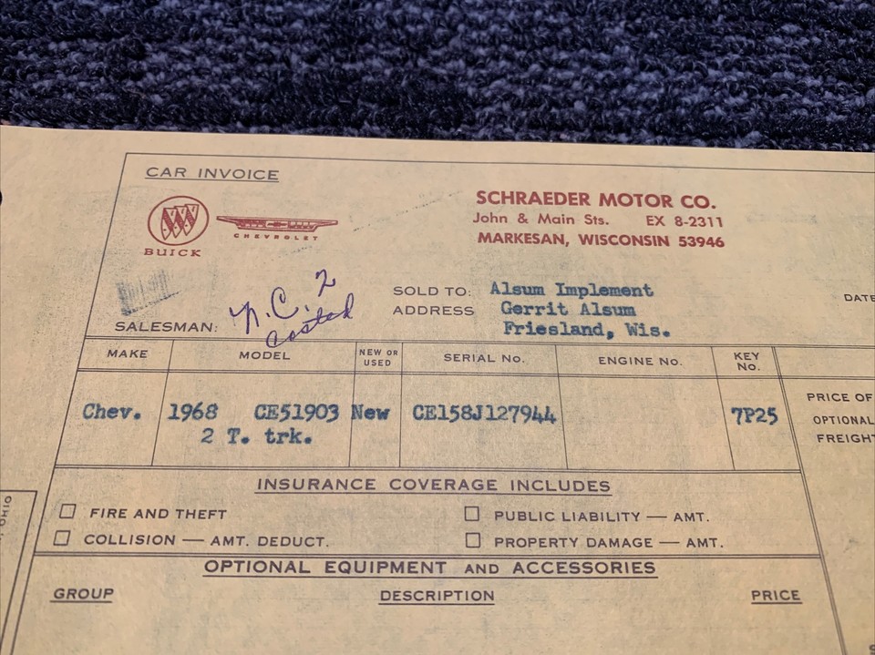 Vtg 1968 Chevrolet New Auto Dealer Sales Receipt Car Dealership Invoice ...