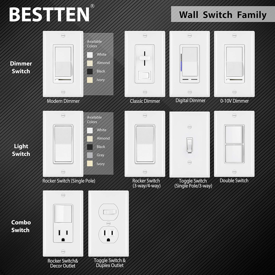 BESTTEN 10 Pack 3-Way Decorator Light Switch, 15A 120/277V, Single Pole ...