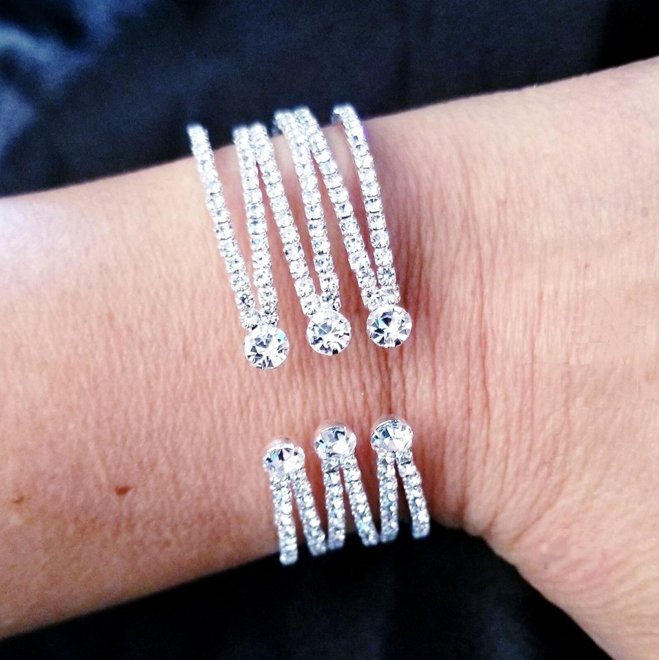 Silver Rhinestone Cuff Bangle Bracelet Crystal Jewelry Prom Pageant ...