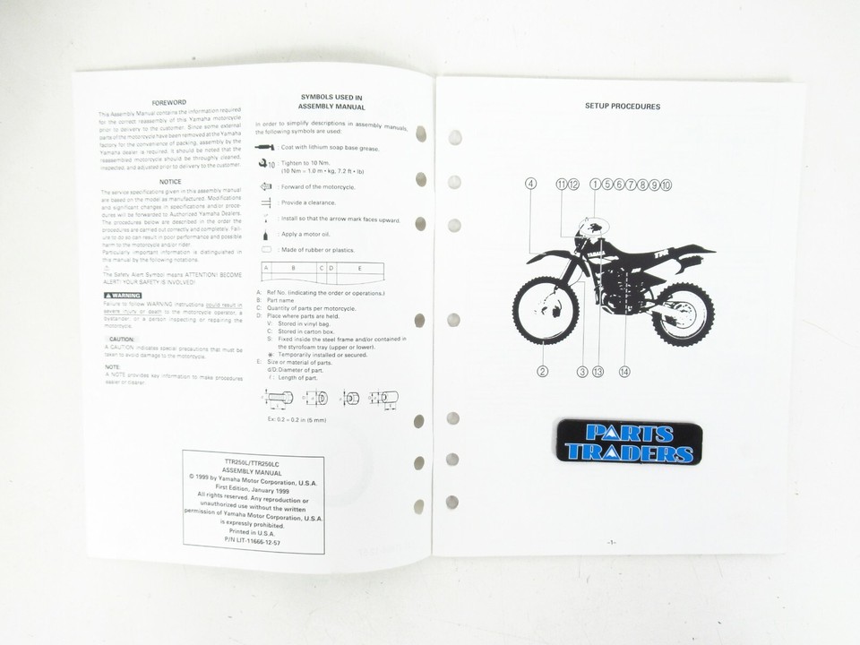 NOS Genuine Yamaha Dealer Factory Assembly Manual TTR250/TTR250L TTR ...