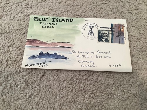 1979 BLUE ISLAND Illinois: Signed FOLK ART WATERCOLOR Postal Cover ...