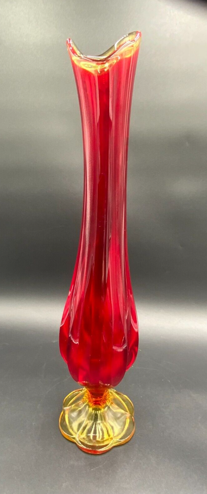 LE Smith Ruby Amberina 17 3/4” Tall Swung Vase Vintage Orange Base ...