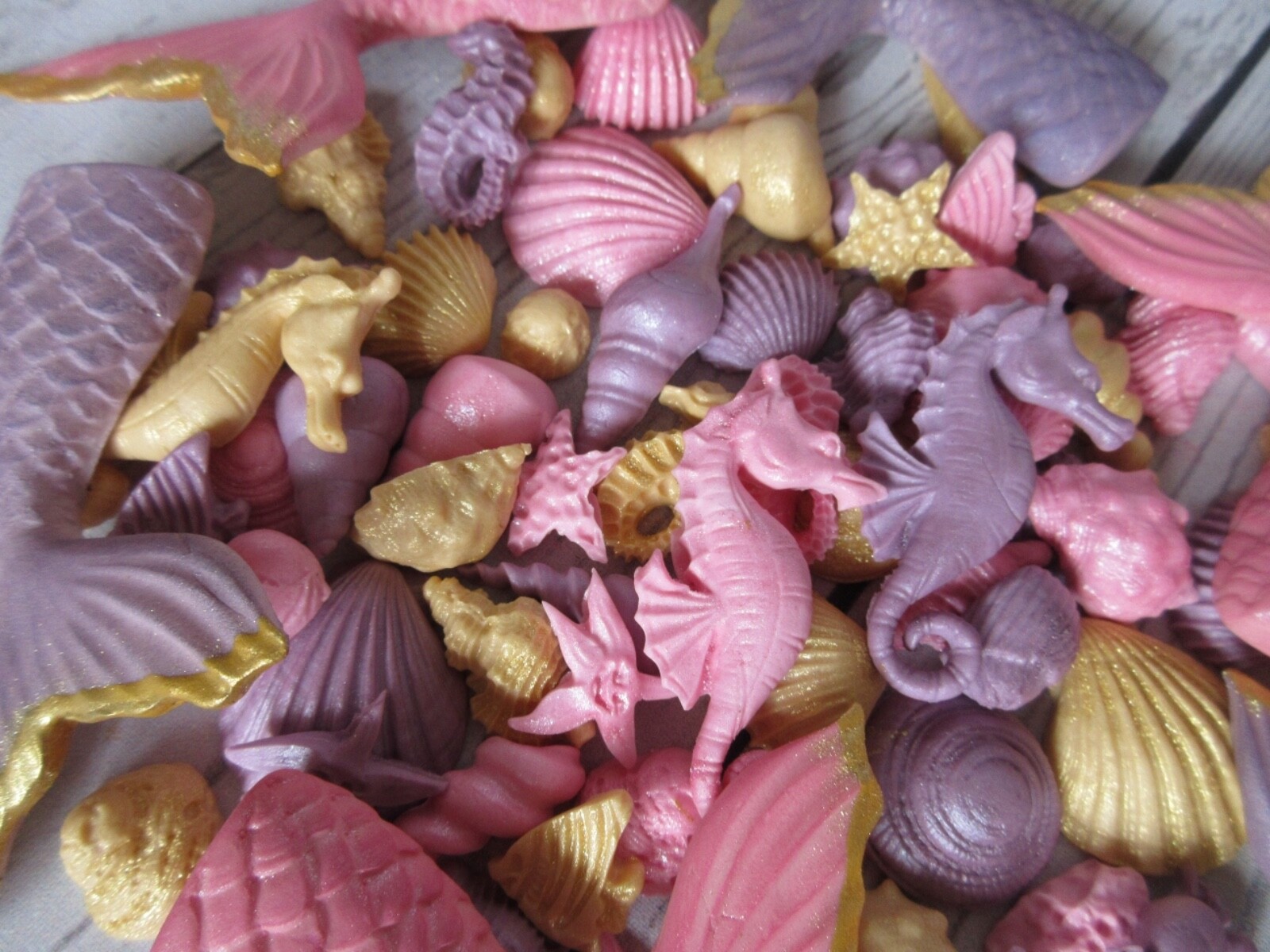 Mermaid cake topper. Fondant Seashells Mermaid Tails pink gold purple ...
