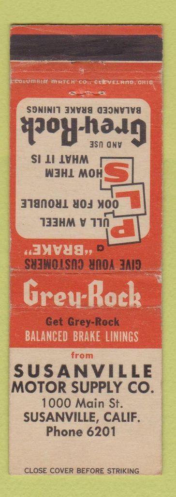 Matchbook Cover - Susanville Motor Supply Susanville CA Grey Rock Brake ...