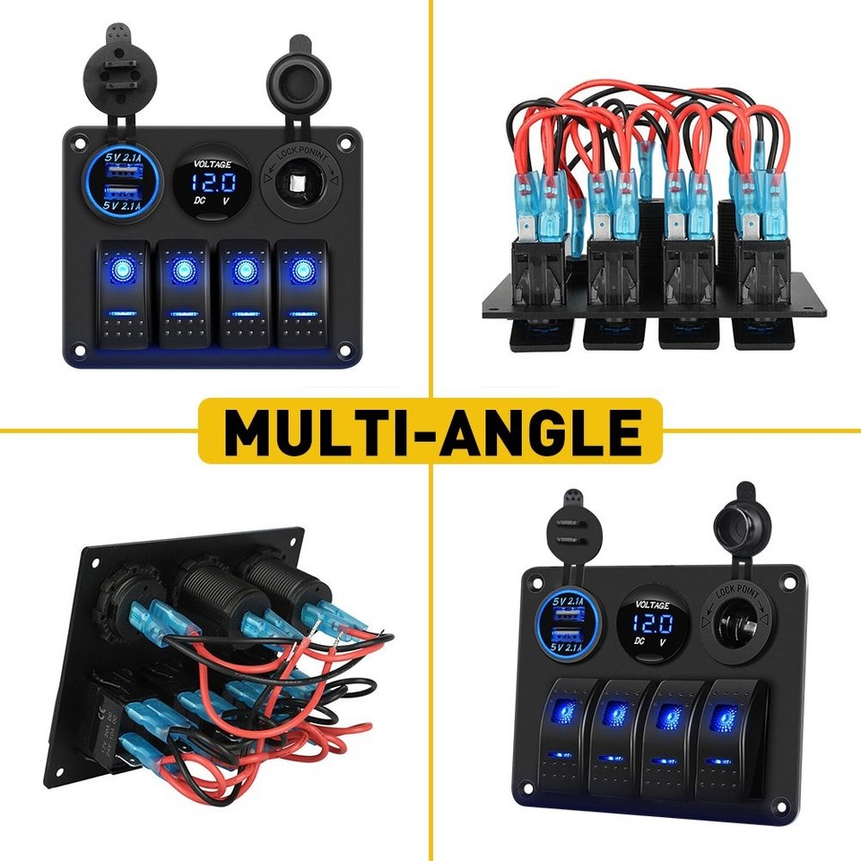 4 Gang Toggle Switch Rocker Panel Dual USB Blue LED For Car Boat Marine ...