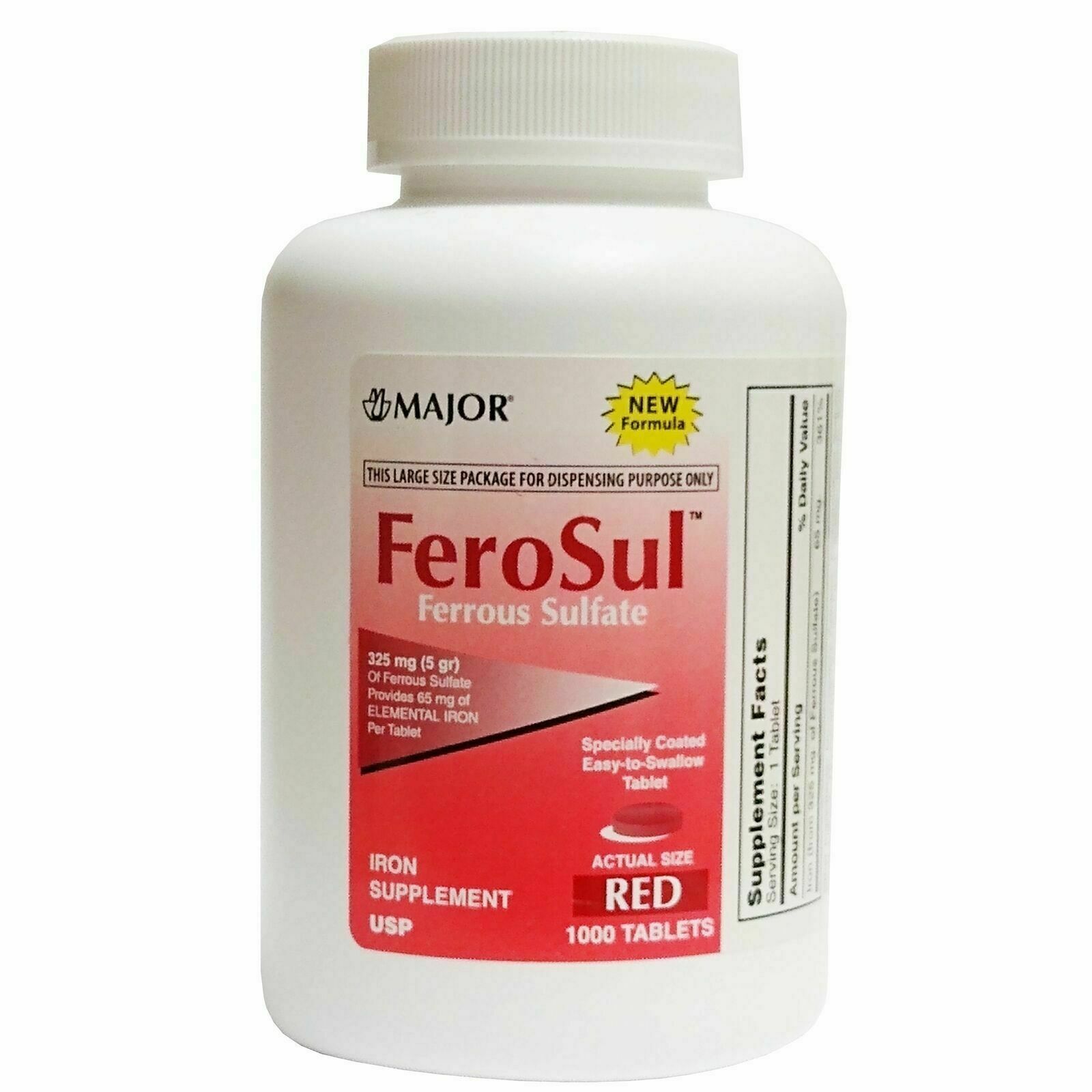 Ferrous Sulfate 325 mg Iron Tabs (Generic Feosol) FeroSul 1000 Red Tabs ...