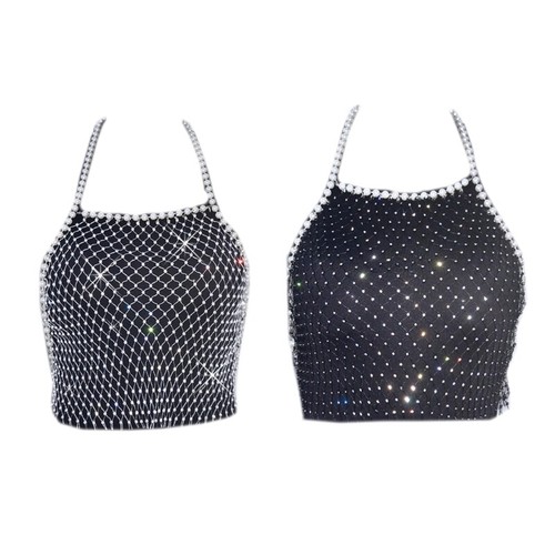 Women Rhinestones Fishnet Vest Body Jewelry Pearls Chain Halter Top ...