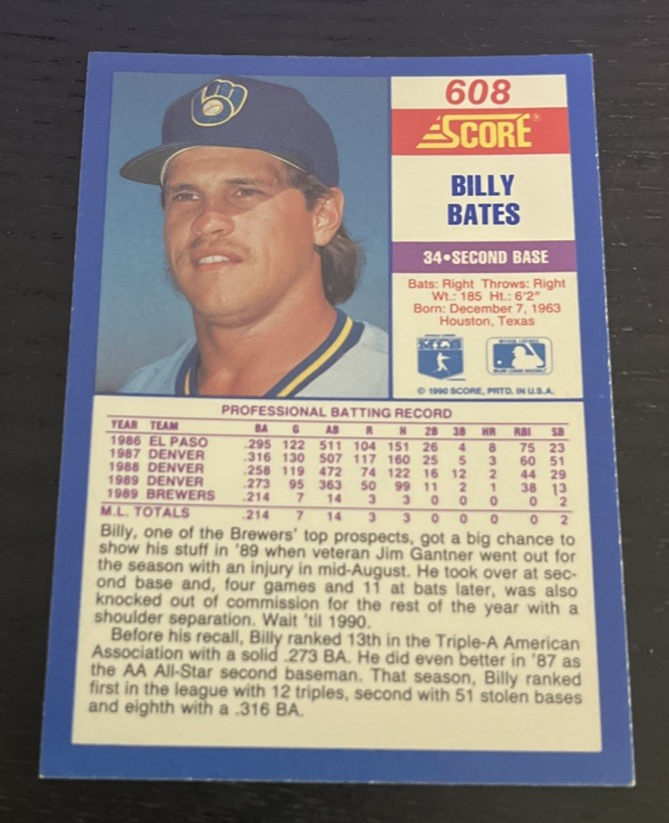 1990 Score - Billy Bates - #608 - 1990 Rookie - Milwaukee Brewers - RC ...