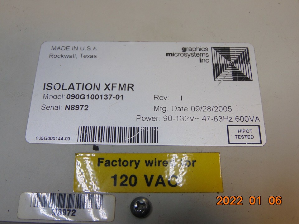 GRAPHICS MICROSYSTEMS 090G100137-01 ISOLATION XFMR POWER SUPPLY 90-132V ...