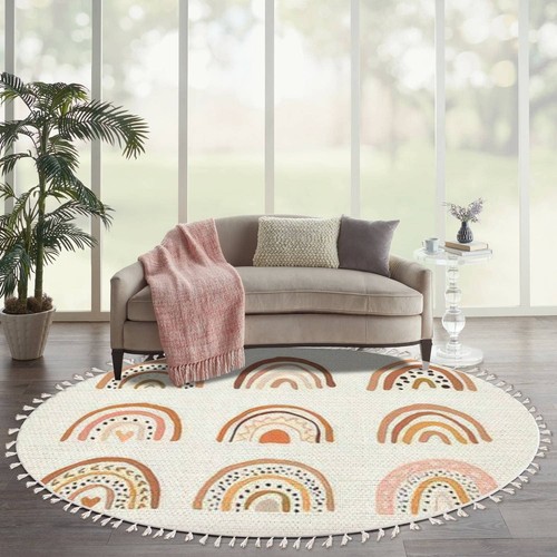 Round Boho Rug Hand Drawn Rainbows Cute Set in Pastel and Earthy Colors ...