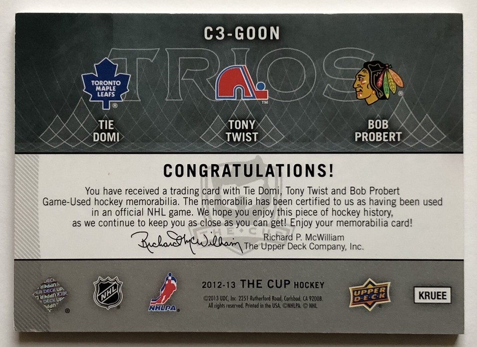 2012-13 UD THE CUP TRIOS JERSEY TIE DOMI TONY TWIST BOB PROBERT 6/25 NO ...