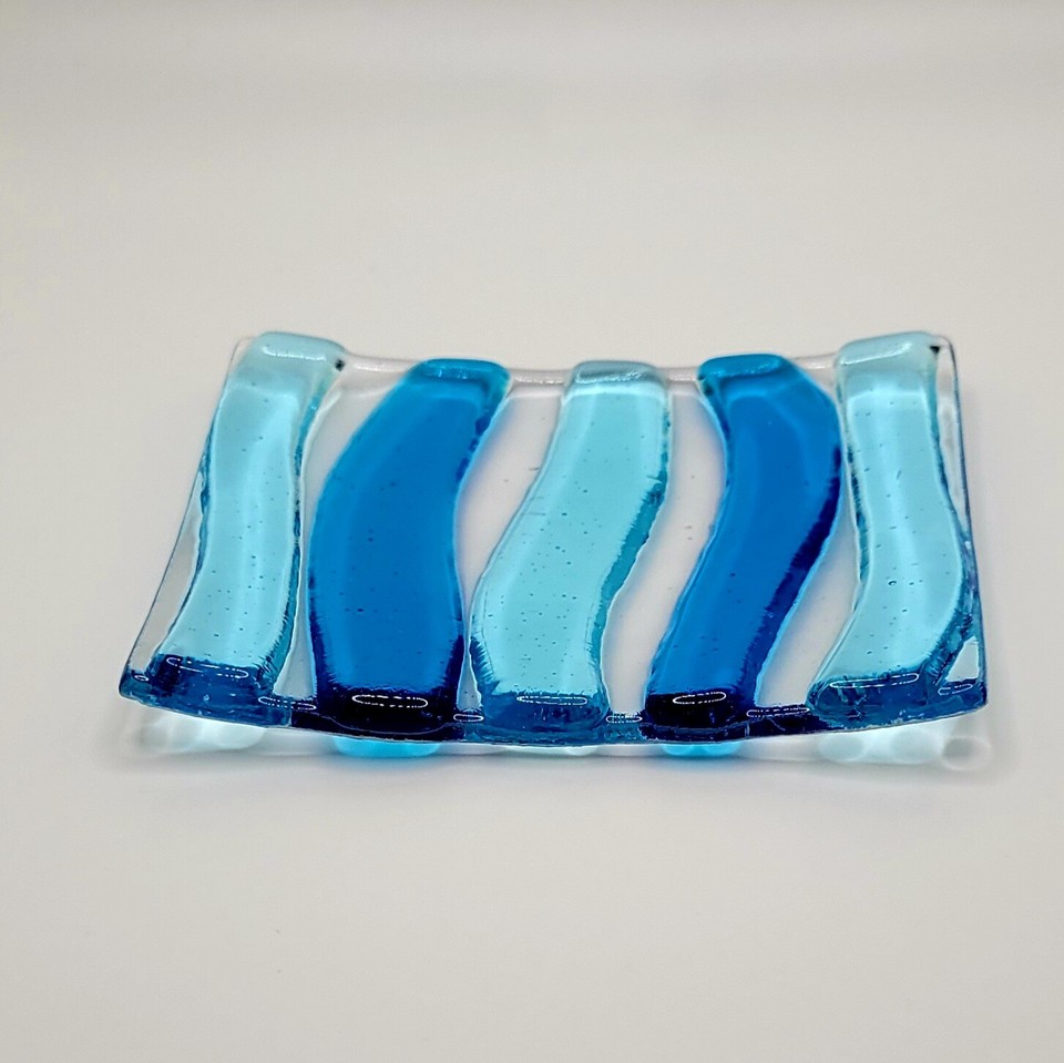 Handmade fused glass Turquoise & blue trinket dish / soap dish | eBay UK