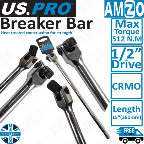 US PRO 1/2" Dr Power Breaker Bar 15" (380mm) Long Heavy Duty Knuckle ...