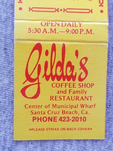 Gilda's Coffee Shop Santa Cruz CA Vtg Matchbook Cover Stagnaro Fishing ...