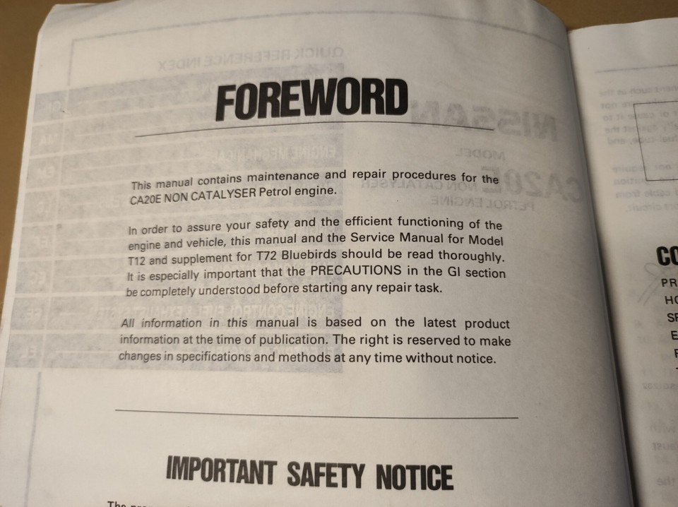 Nissan CA20E Non Catalyser Petrol Engine Service Manual Book T12 T72 ...