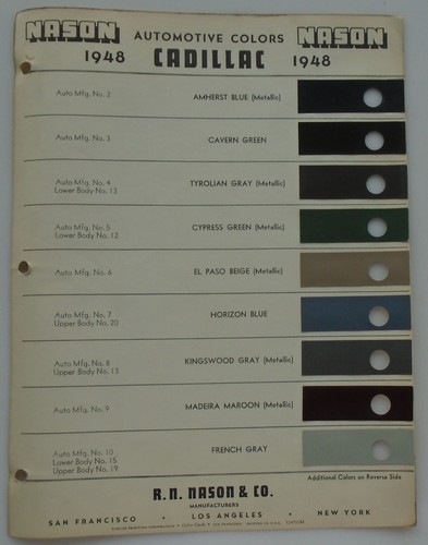 1948 Cadillac One Page Of Nason Color Paint Chips | eBay
