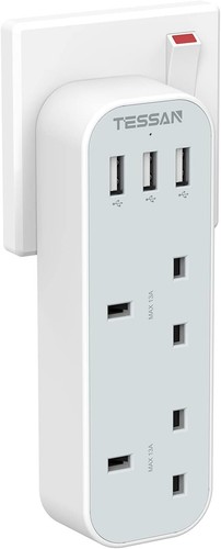 Double Plug Adaptor with 3 USB 2 Way Plug Extension Adapter 3 Pin Wall ...