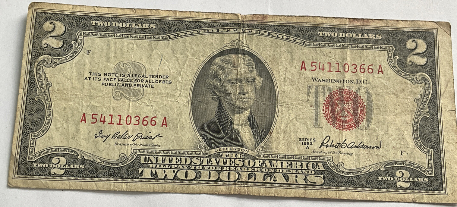 1953 A Series Two-Dollar Bill US ~ Red Seal Jefferson Note Bill US ...