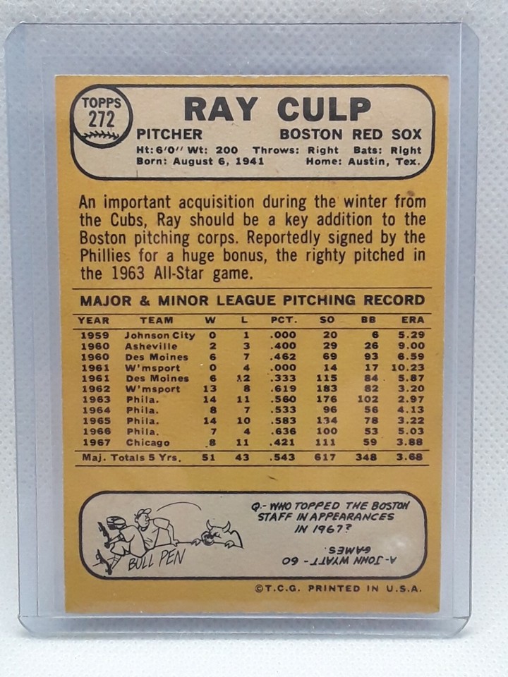 Ray Culp 1968 Topps Baseball - #272 - Boston Red Sox | eBay