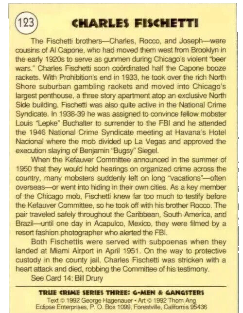 1992 True Crime Series 3, G-Men and Gangsters Card #123 --- CHARLES ...