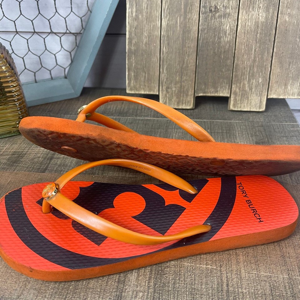 Tory Burch Thin Rubber Flip Flop 7 Seven Orange Gold Reva Logo Sandals ...