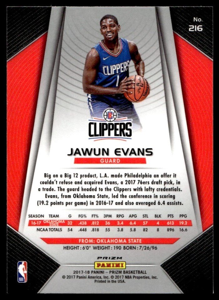 2017-18 Panini Prizm Silver Jawun Evans Rookie Los Angeles Clippers ...